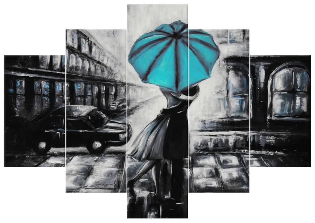 Gario Ručně malovaný obraz Tyrkysový polibek v dešti - 5 dílný Rozměry: 150 x 105 cm