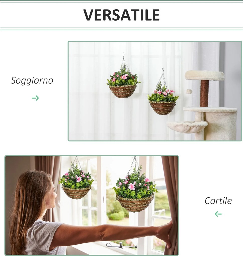 Outsunny Sada 2 Umělých Rostlin Lisianthus v Květináči s Háčkem, Umělé Rostliny z PE a Slinky, Ø25x34 cm, Zelená a Růžová
