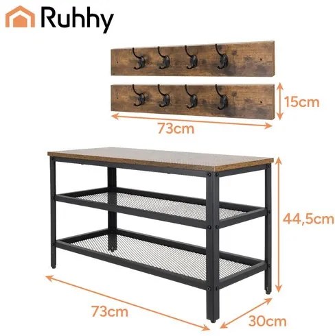 Botník s lavicí a věšákem RUHHY 27037 73 cm, industriální loft, hnědá deska