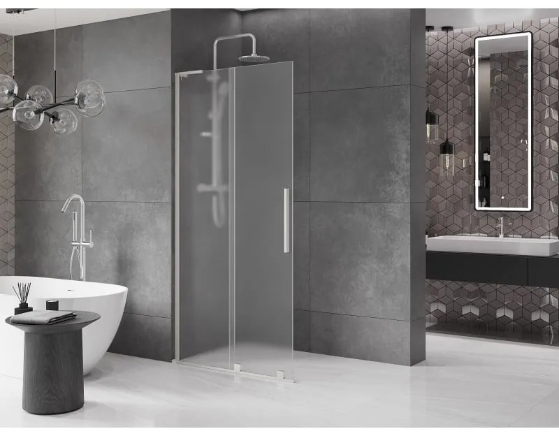 Mexen Velar L, posuvná sprchová zástěna Walk-in 90 x 200 cm, 8mm sklo námraza, broušená ocel, 871-090-003-33-97