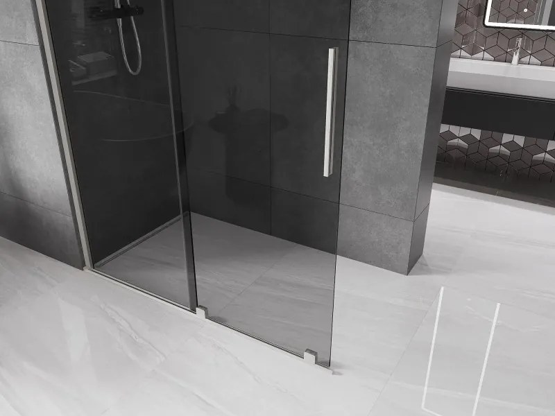 Mexen Velar, sprchová zástěna s posuvnými dveřmi Walk-in 140 x 200 cm, 8mm šedé sklo, broušená ocel, 871-140-000-43-97