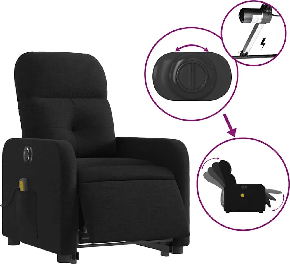 Elektrické zvedací masážní polohovací křeslo černé textil 3206824