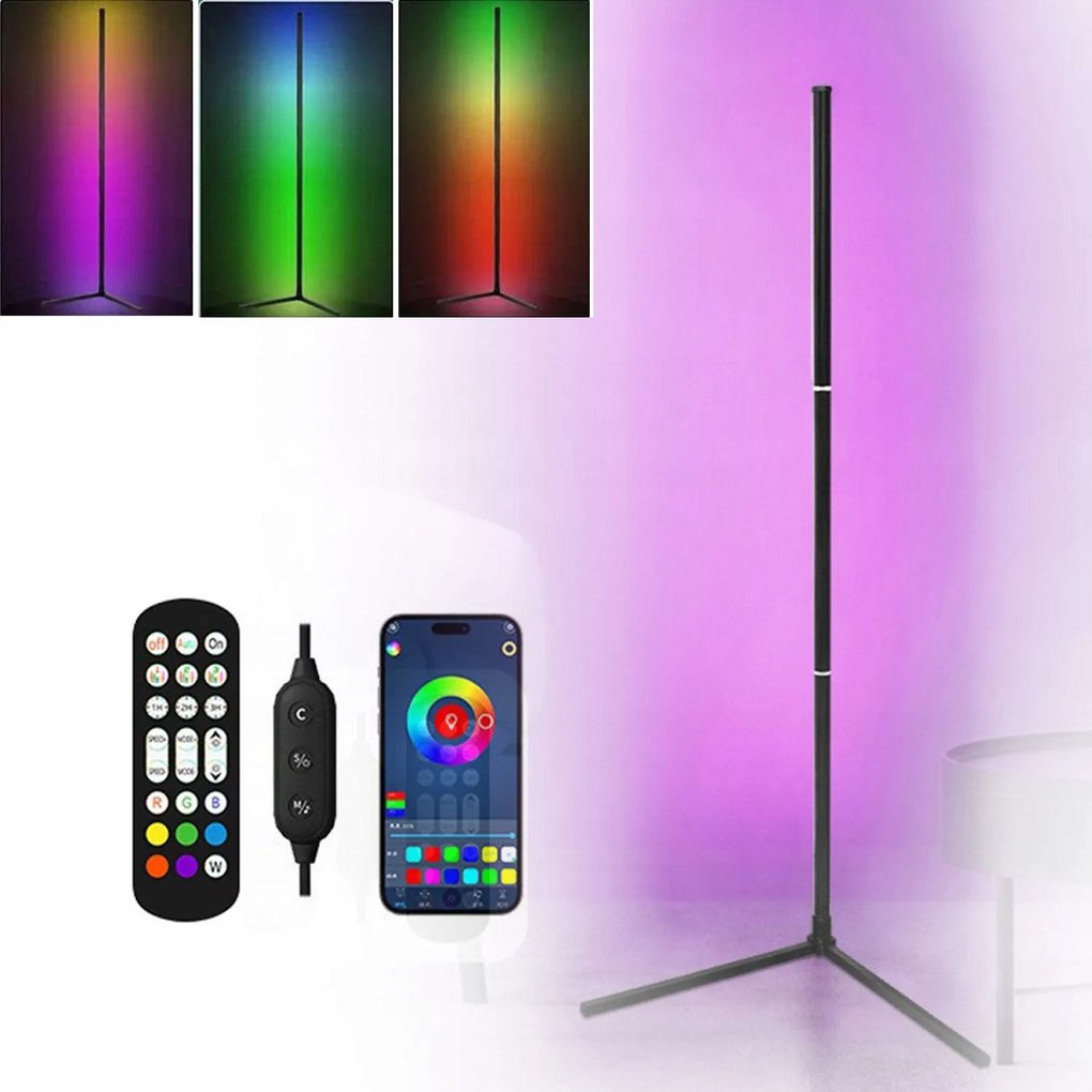 Podlahová Rohová Stojací Led Lampa Rgb 160 CM Dálkový Ovladač, Aplikace Bluetooth