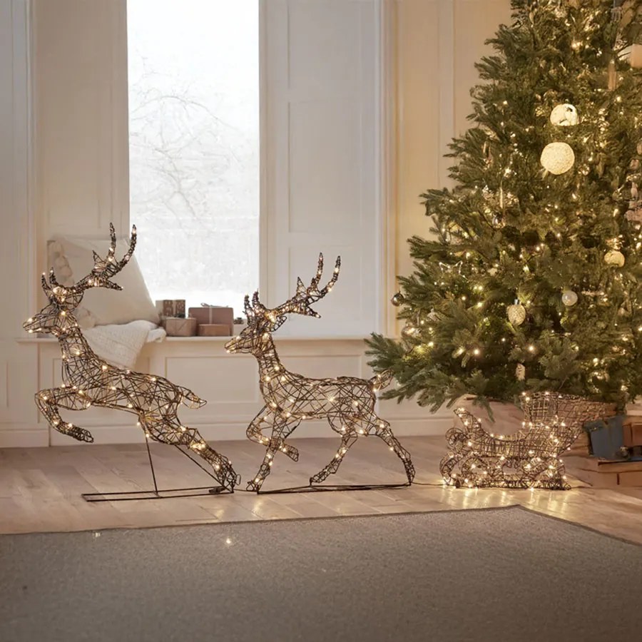 3D LED svítící jeleni a sáně, 180 × 86 × 18 cm, teple bílá, 380 LED, drát, hnědá, IP44