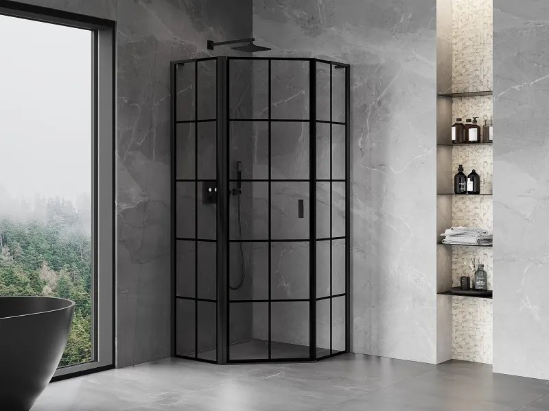 Mexen Mist L, pětiúhelníkový sprchový kout s křídlovými dveřmi, 100 x 100 cm, 8mm čiré sklo, černý profil, 8A8L-100-100-70-77-L