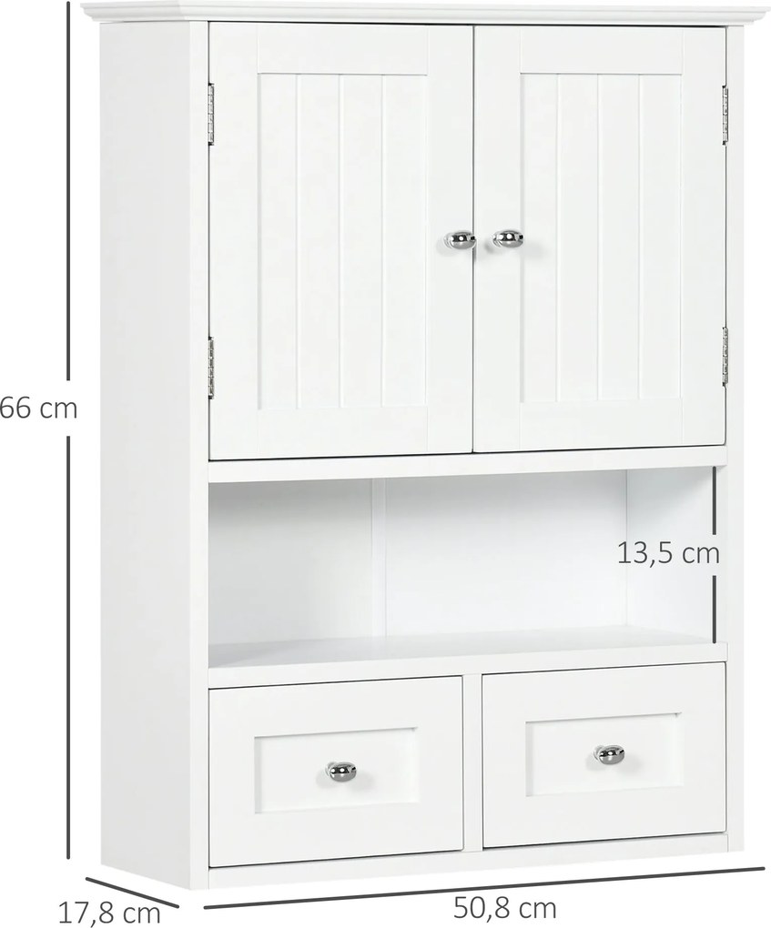 Kleankin Nástěnná skříňka do koupelny - Zavěsná skříňka s 2 dveřmi a 2 šuplíky pro moderní kuchyň 50,8x17,8x66 cm Bílá