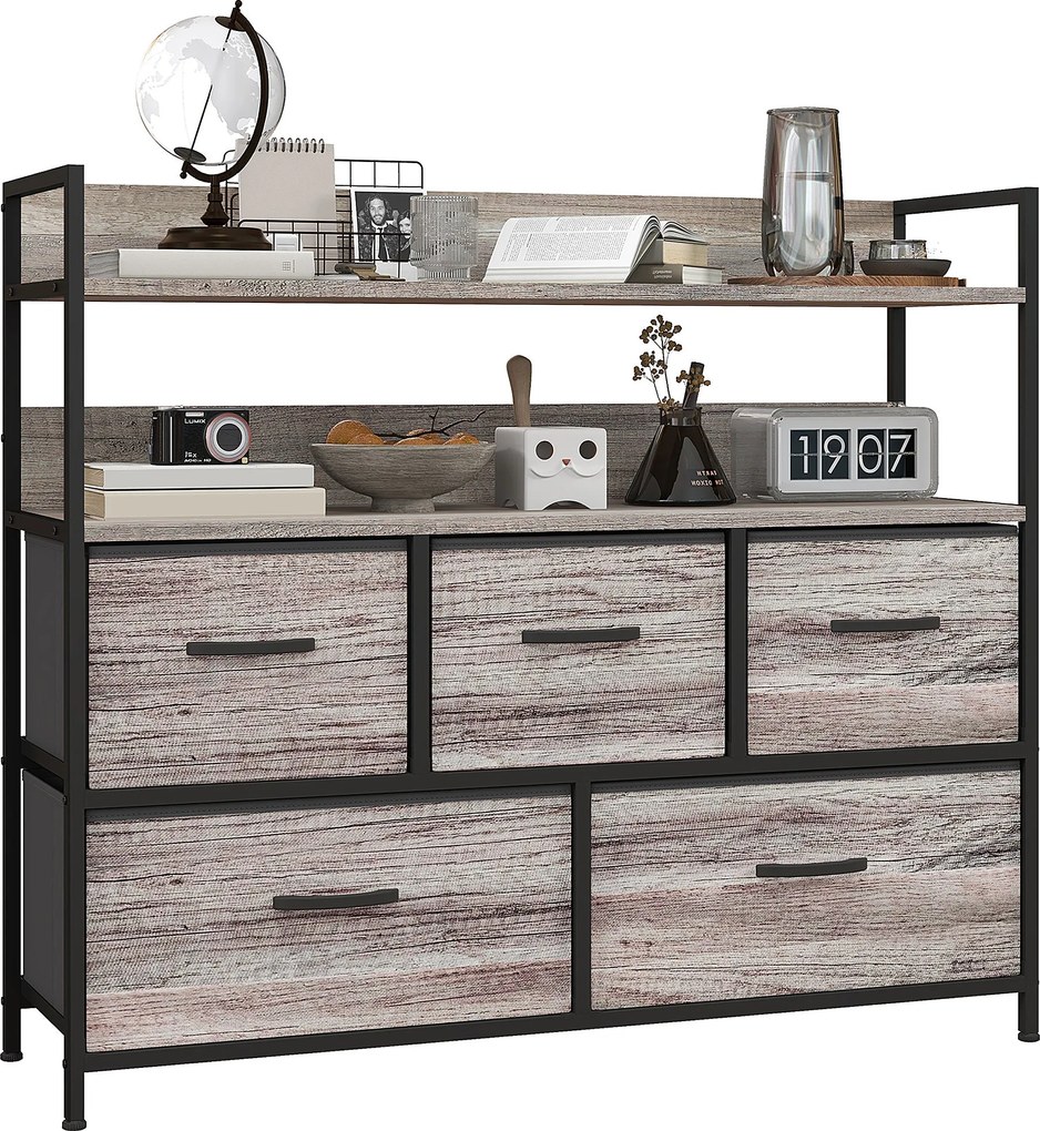 HOMCOM Komoda se 5 textilními zásuvkami, úložná skříň, prádelník se 2 policemi, ocelová konstrukce, industriální design pro obývací pokoj, ložnici - Š