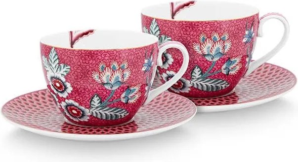 Pip Studio Flower Festival sada 2 cappuccino šálků s podšálky, tmavě růžová (sada cappuccino hrnečků v dárkové krabičce)