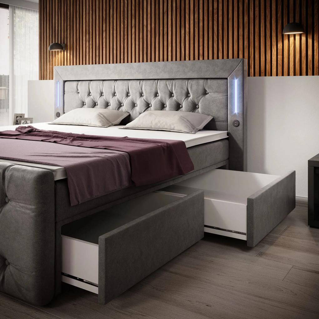 K&M postele Boxspring postel DIVAT s úložným prostorem, LED a USB Velikost postele: 200 × 200 cm, Výběr matrace: Taštičková zónová matrace - měkká (7…