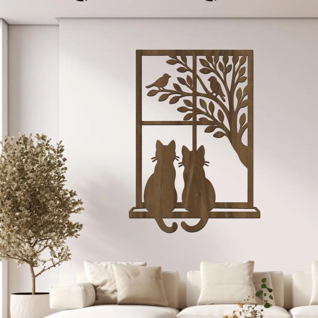 dřevo života Dřevěná dekorace Kočky v okně Zvolte rozměr (cm): 28x40, Zvolte barvu dekoru: Černá