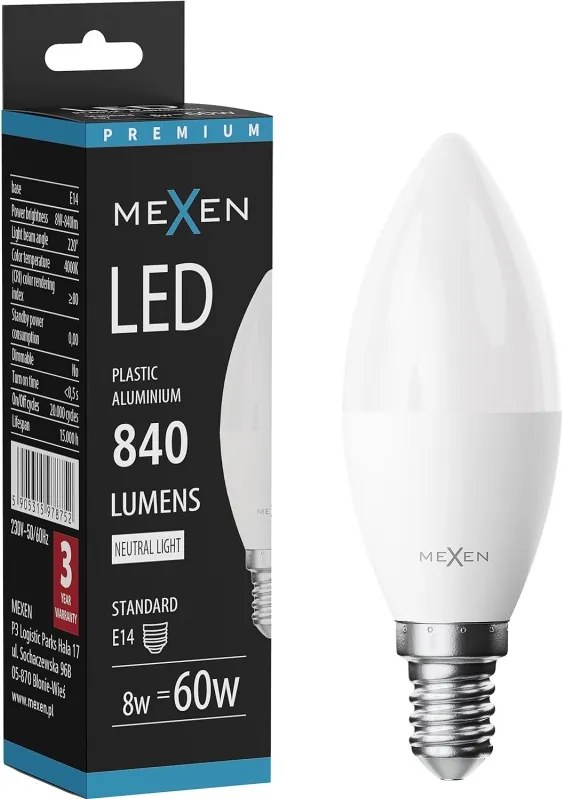 Mexen Nova, LED žárovka E14, C37, 9W, teplá - 3000K, 970 lm - L102-E14-0930-01