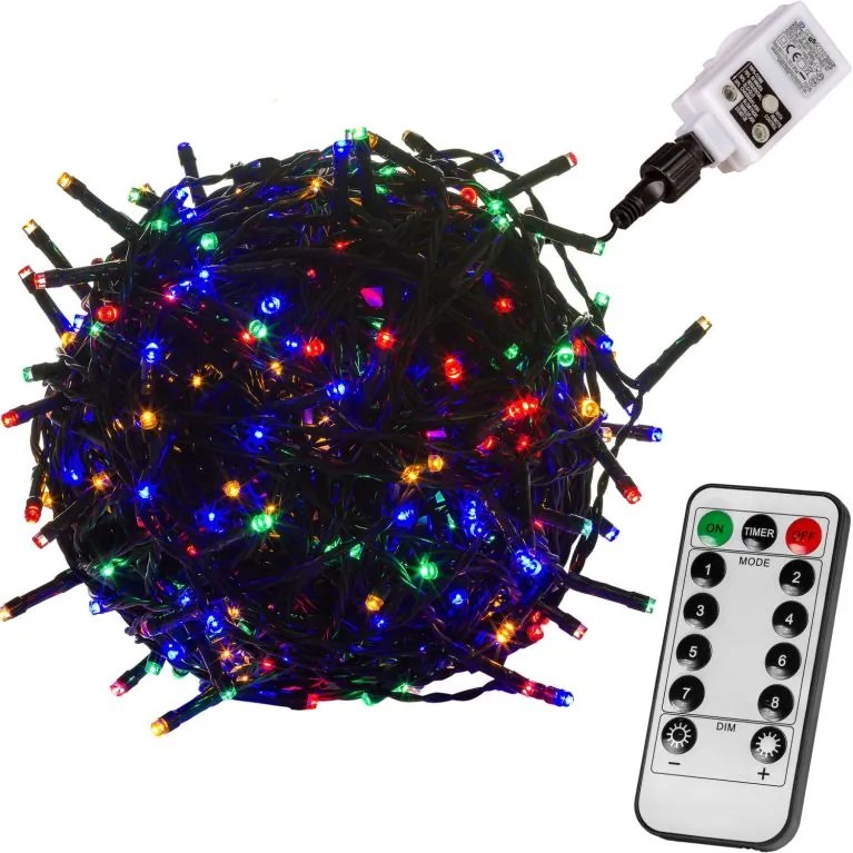 VOLTRONIC® 59742 Vánoční LED osvětlení 10 m - barevná 100 LED + ovladač - zelený kabel