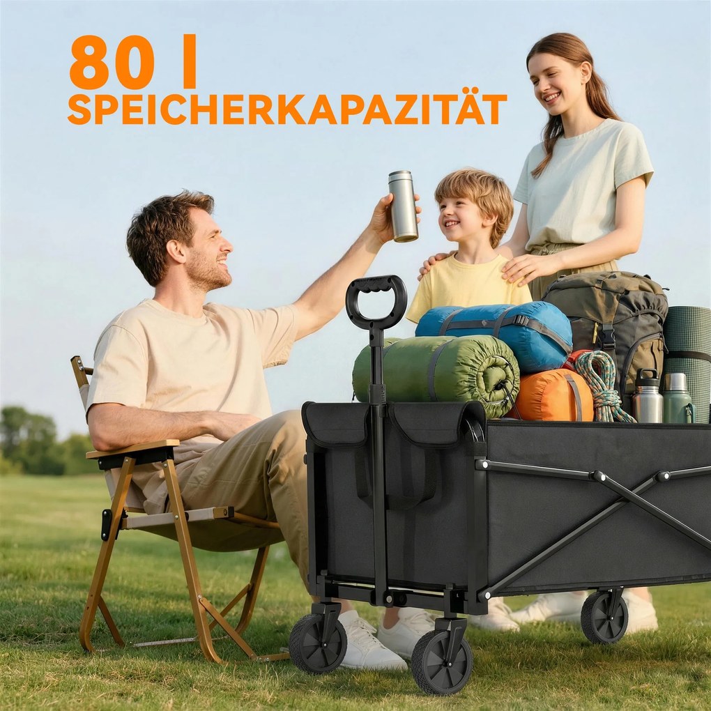 Outsunny skládací vozík 81 l — kompaktní sklopný ruční vozík s nastavitelnou rukojetí a brzdou, nosnost 50 kg, pro zahradu a nákupy