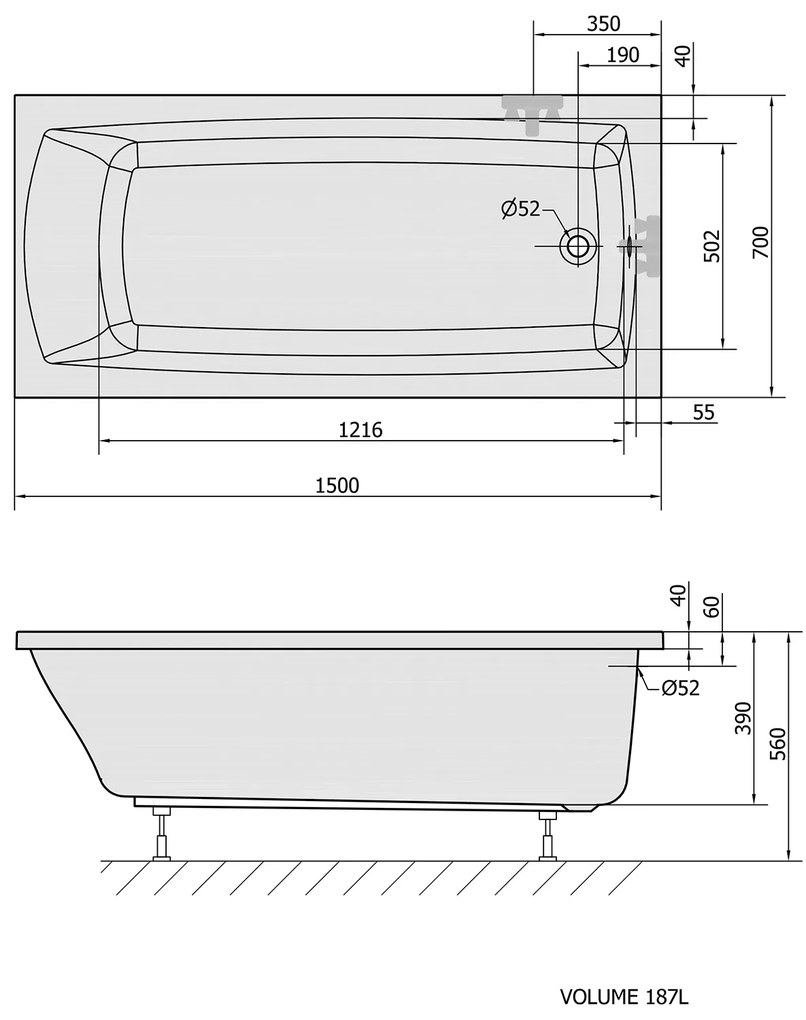 Polysan LILY obdélníková vana s konstrukcí 150x70x39 cm, bílá, 72282