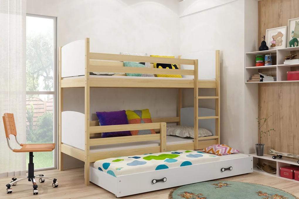 ImportWorld Dětská patrová postel Evžen - 3 osoby, 80x190 osoby s výsuvnou přistýlkou – Borovice, Bílá