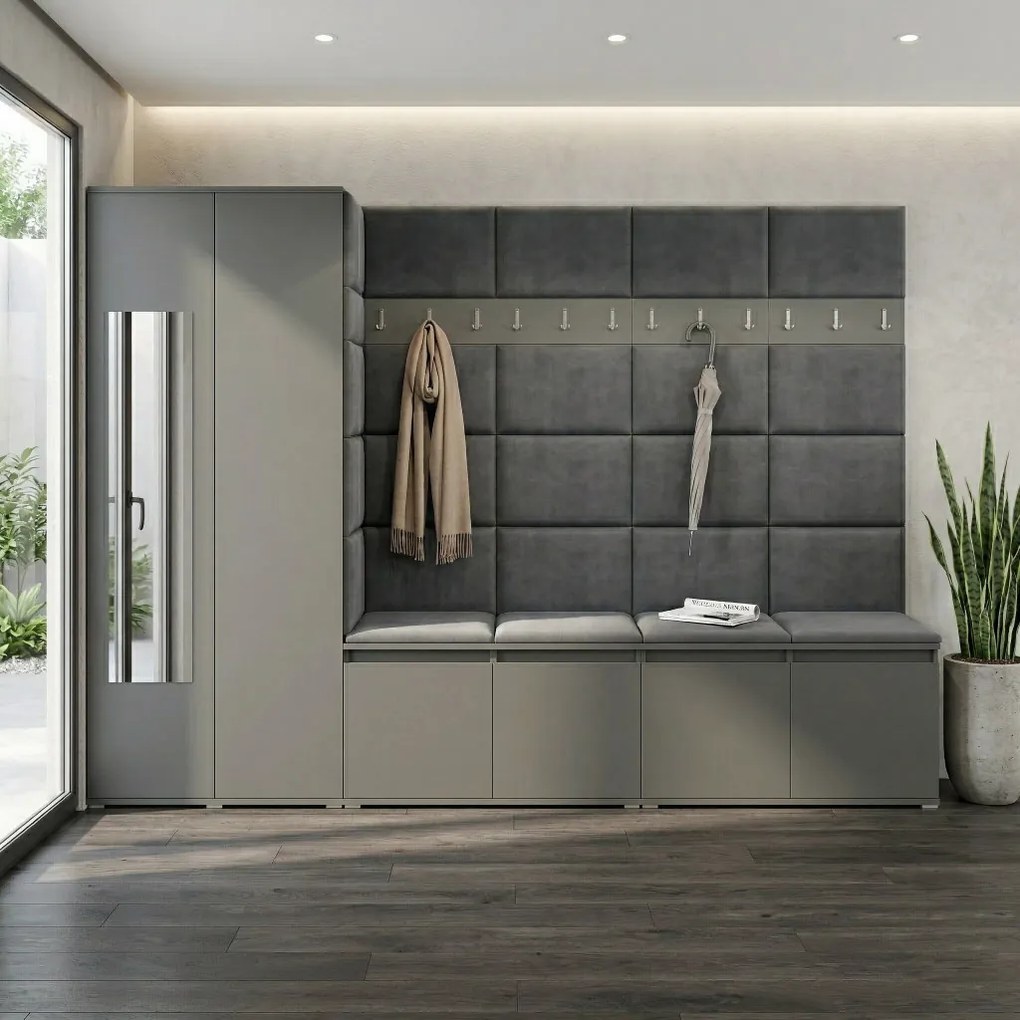Předsíňová stěna Trinity 9 s čalouněnými panely, 290 cm, grafit/ tmavě šedá