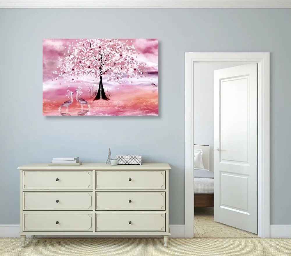 Obraz volavky pod magickým stromem v růžovém provedení - 120x80 cm