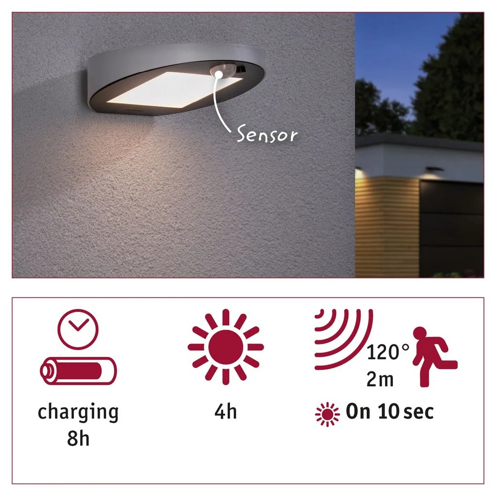 Paulmann 94247 Ryse, stříbrné nástěnné solární svítidlo se senzorem, 1,2W LED 3000K, šířka 15,4cm, IP44