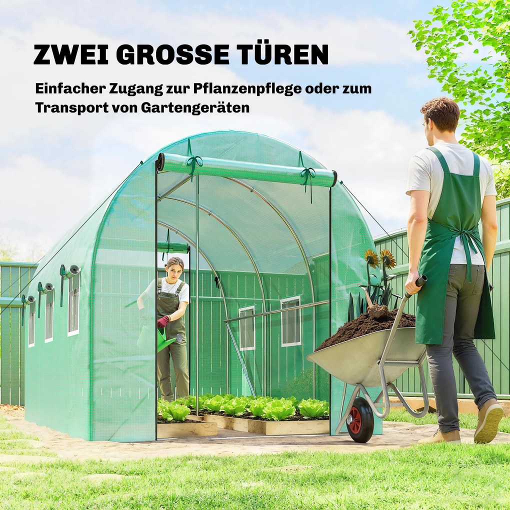 Skleník 3 x 2 x 2 m Fóliový skleník s rolovacími dveřmi na 2 zipy a 6 okny ze síťoviny Podpěrné tyče Zelená barva