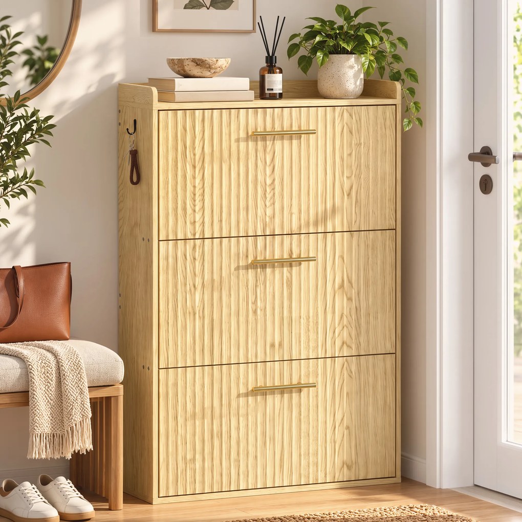HOMCOM Úzký botník se skládacím designem a 3 přihrádkami, světle hnědý