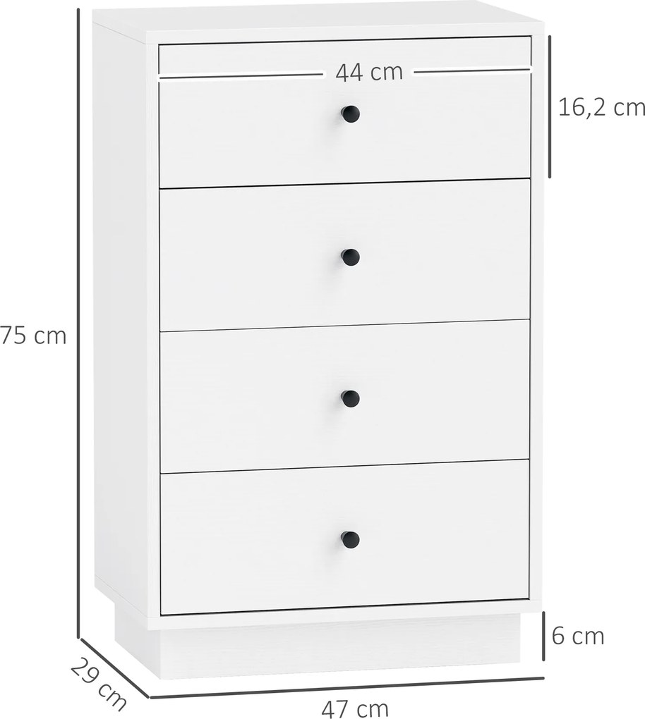 HOMCOM Komoda se 4 zásuvkami, skříň z dřevotřísky v moderním stylu, 47 x 29 x 75 cm, bílá