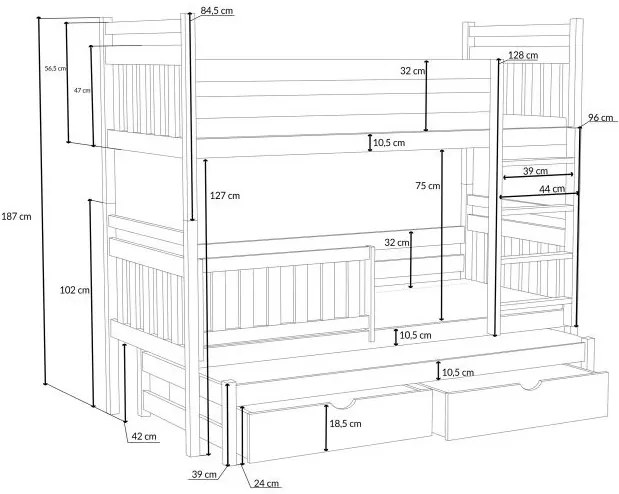 Dětská patrová postel z masivu borovice PETR s přistýlkou a šuplíky - 200x90 cm - PŘÍRODNÍ BOROVICE