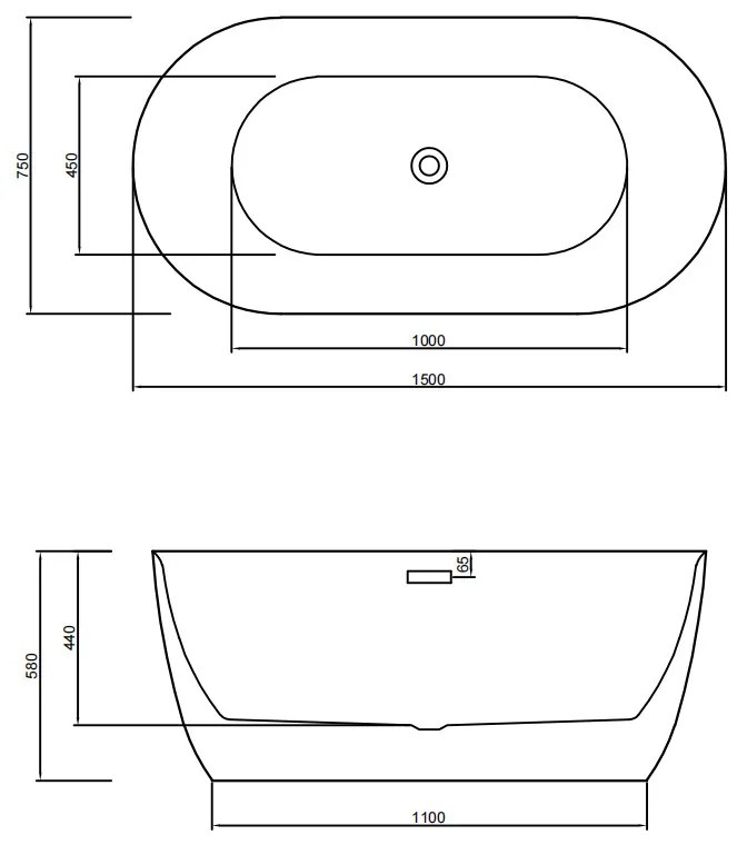 BPS-koupelny Volně stojící akrylátová vana HYD-CES518A 150x75 bílá, odtokový komplet černý