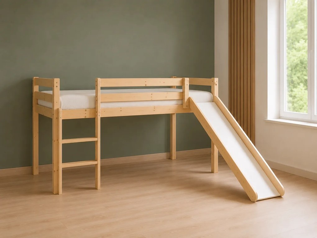 Dětská vyvýšená postel z masivu se skluzavkou 200x90 cm – přírodní lak