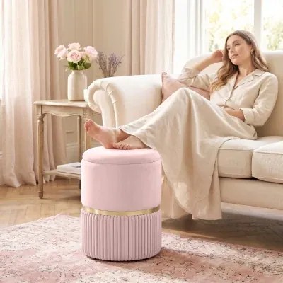 HOMCOM Pouf, stolek, podnožka, úložný pouf z kordurového sametu 36 x 44 cm pro obývací pokoj, ložnici, růžová
