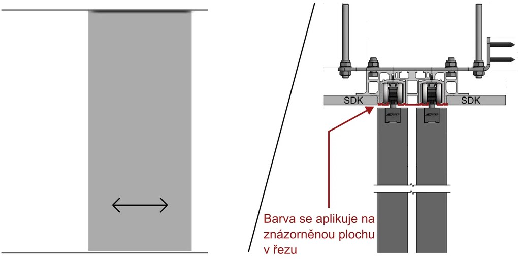 JAP Dvoukolejnicový posuv do stropu skrytý PREMIUM - podhled z obou stran - BARVA šířka průchodu/ délka kolejnice: 85/ 180 cm, typ kotvení: na závitové tyče