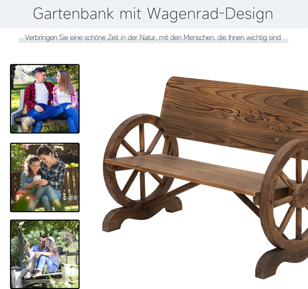 Outsunny Zahradní lavice pro 2 osoby, masivní dřevo, rustikální design kol, nosnost 250 kg, 114 cm, tmavě hnědá