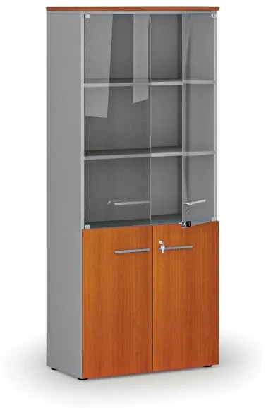 Kombinovaná kancelářská skříň PRIMO GRAY s dřevěnými a skleněnými dveřmi, 1781 x 800 x 420 mm, šedá/třešeň