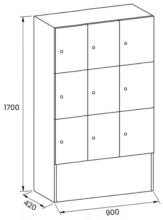 Dřevěná odkládací skříňka S5 s úložnými boxy, 9 boxů, 1700 x 900 x 420 mm, cylindrický zámek, bříza