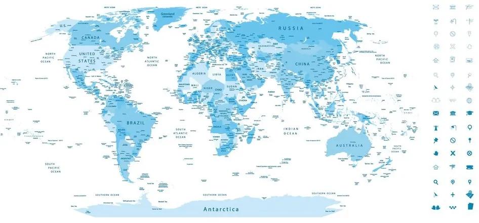 Tapeta detailní mapa světa v modré barvě - 450x300 cm