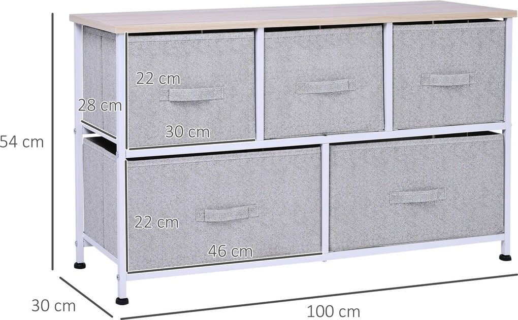 HOMCOM Komoda 100 x 30 x 54 cm s 5 Úložnými Šuplíky - Šedý Ocelový Rám, Bílá Světlá Dřevěná Deska | Aosom