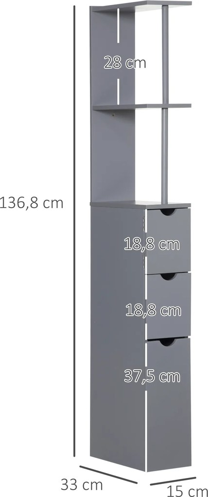 HOMCOM Moderní sloupcový koupelnový kabinet s 2 policemi, 2 zásuvkami a 1 bezpečnostním dvířkami 15x33x136,5 cm Šedý
