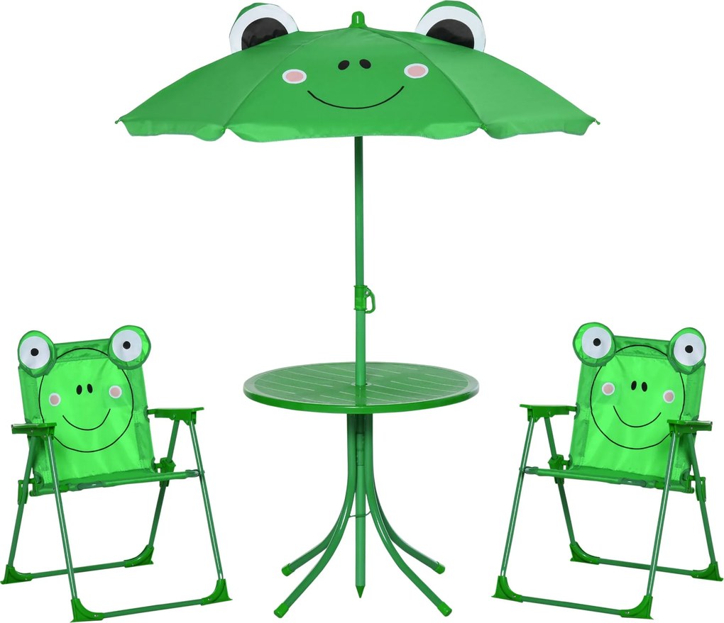 Zahradní set Outsunny pro děti – stůl a židle na piknik, skládací set pro děti se nastavitelným deštníkem 100-125 cm, design žabky, zelený | Aosom