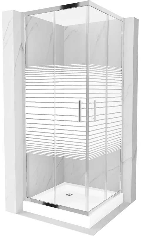 Mexen Rio, čtvercový sprchový kout s posuvnými dveřmi 80 x 80 cm, 5mm čiré sklo/pásy, chromový profil + bílá vysoká sprchová vanička Rio, 860-080-080-01-20-4510