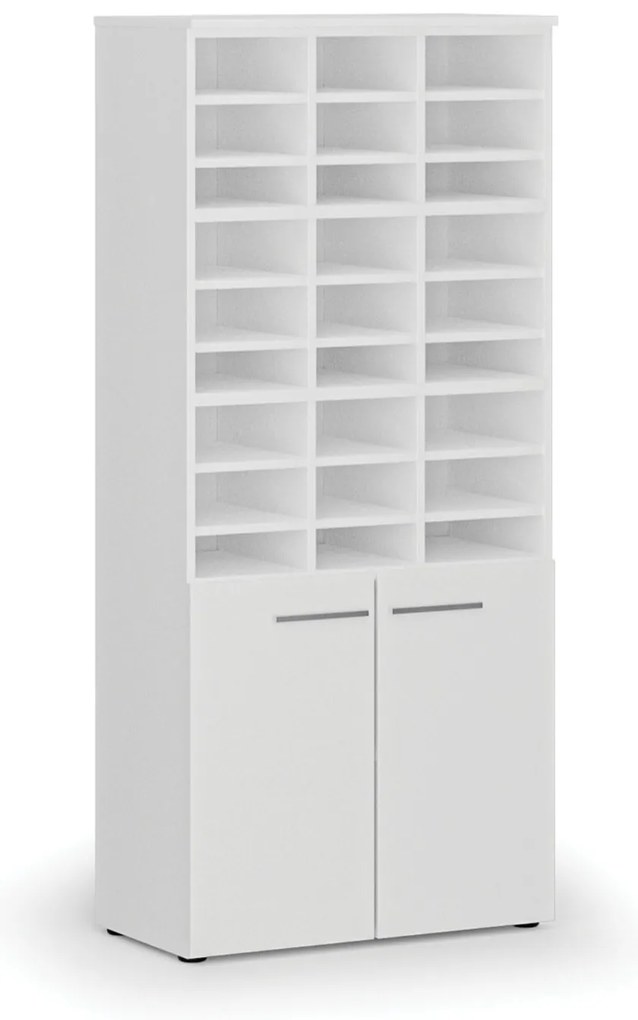Třídicí regál s dveřmi PRIMO WHITE, 800 x 420 x 1781 mm, 27 přihrádek, bílá