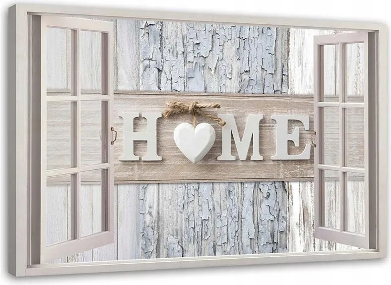 Obraz na plátně, Okno Nápis Home Srdce shabby chic 60x40