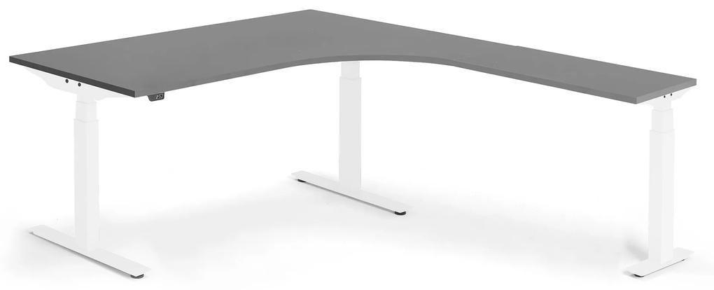 AJ Produkty Výškově stavitelný stůl Modulus, rohový, 1600x2000 mm, bílý rám, černá