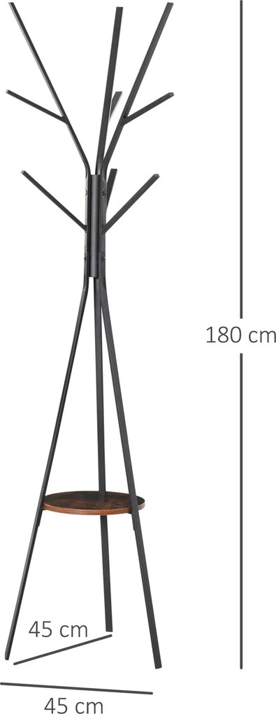 HOMCOM Stojan na kabáty, Stojan na kabáty se 8 háčky, Stojan na kabáty se policí, Vysoká skříň na oblečení, klobouky, tašky, kov, hnědá, 45 x 180 cm