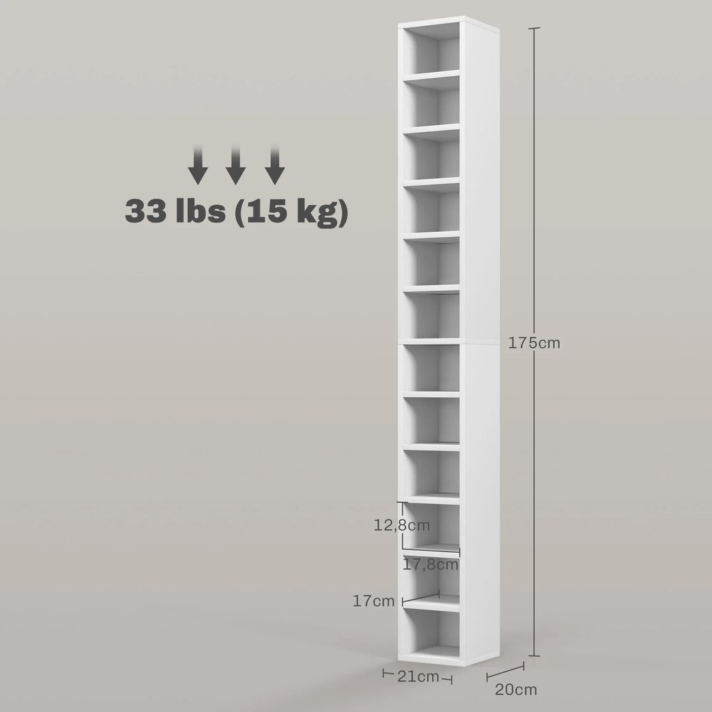 HOMCOM Úložný sloupec na CD a DVD, regál s 12 přihrádkami, kapacita max. 204 CD, 21 x 20 x 175 cm, bílá