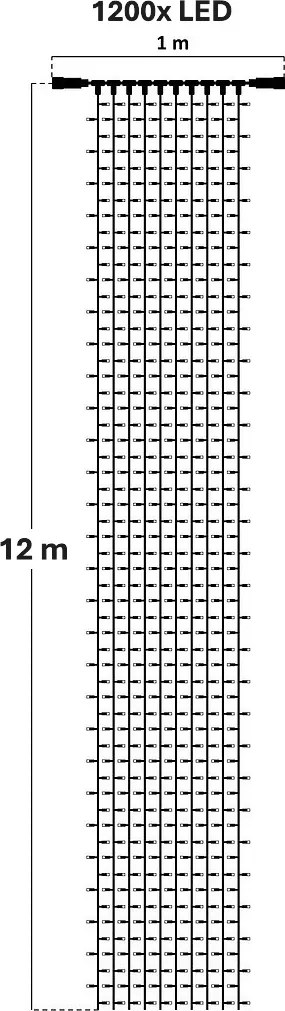 Easy Fix LED světelný závěs venkovní, 100 × 1200 cm, teple bílá, 1200 diod, bílý kabel, IP67, prodlužovací