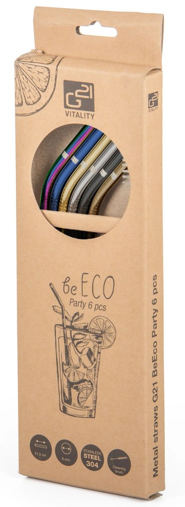 Kovová brčka G21 BeEco Party 6 ks mix barev, zahnutá + kartáček na čištění
