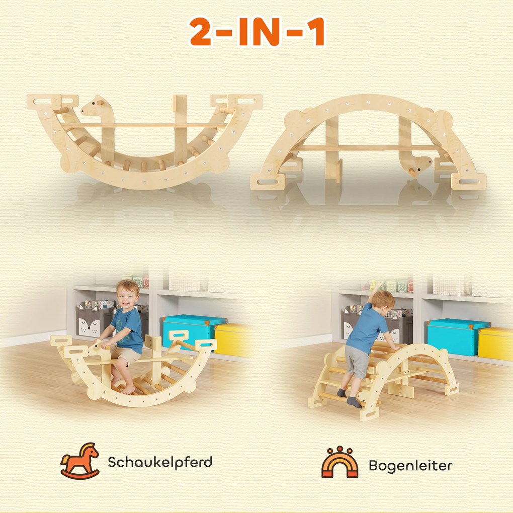 Montessori prolézačka pro vnitřní použití, dřevěný prolézací oblouk 2 v 1, pro děti od 2 do 4 let, 110x52x45 cm, přírodní dřevo