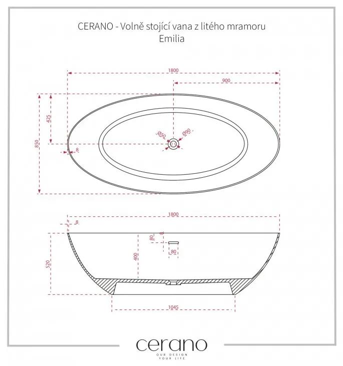 CERANO - Volně stojící vana z litého mramoru Emilia - černá matná/bílá matná - 180x85cm