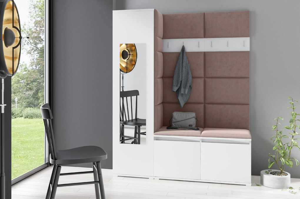 Eka Předsíňová stěna s čalouněnými panely Trinity 14 - Bílá / Světlá hnědá 2306