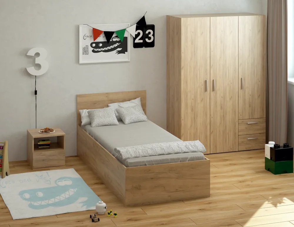 Postel s kovovým roštem a úložným prostorem, 90x200, dub artisan, DOLI