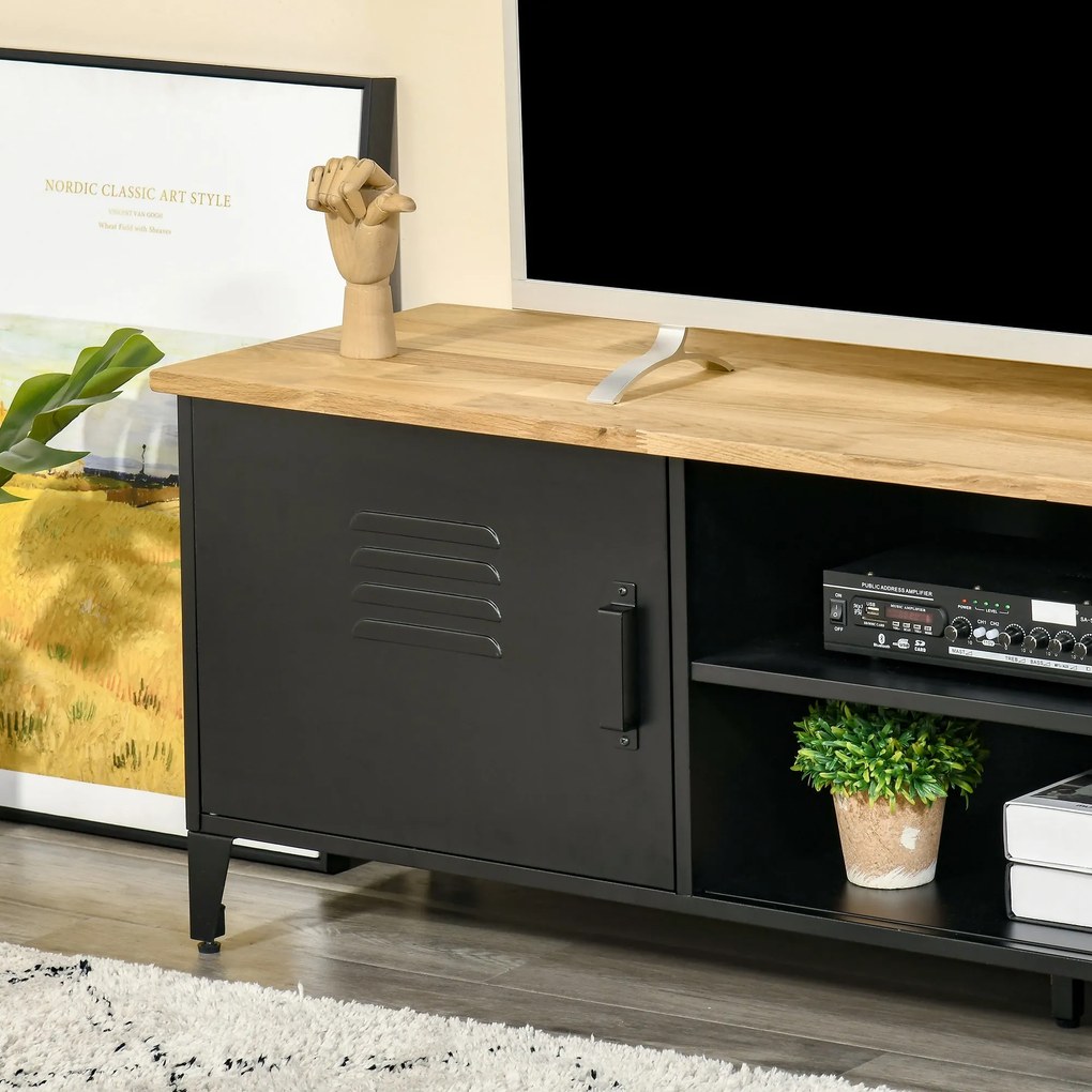 HOMCOM TV Stojan pro televizory do 55'' s 2 skříňkami, nastavitelné nohy, černý kovový rám, přírodní dřevěný vršek, 150 x 40 x 50 cm